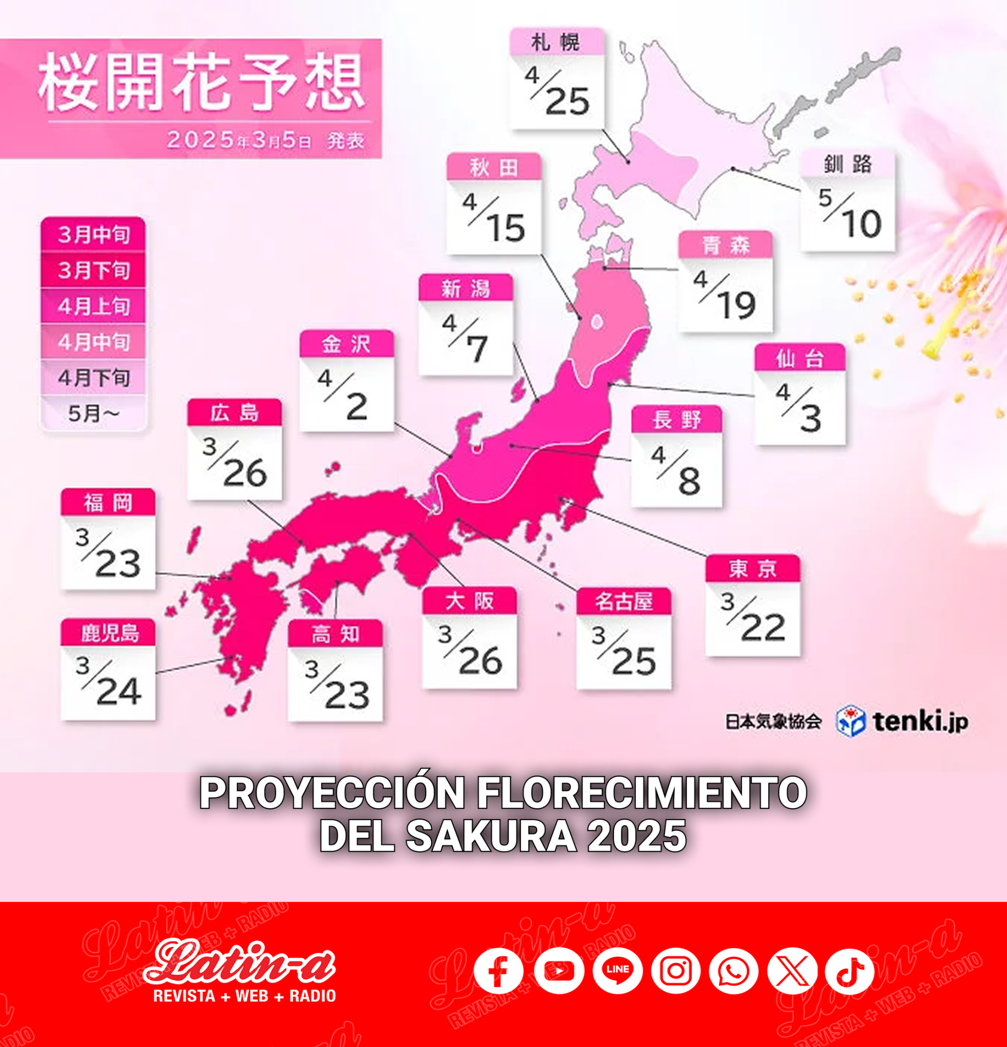 Proyección Florecimiento del Sakura 2025 - Latin-a - Noticias de Japón